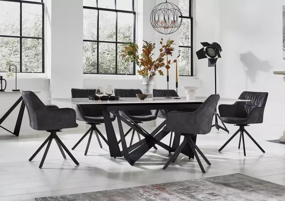 Marvel Black 200 cm Extending Dining Table and 6 Swivel Dining Chairs Furniture Village