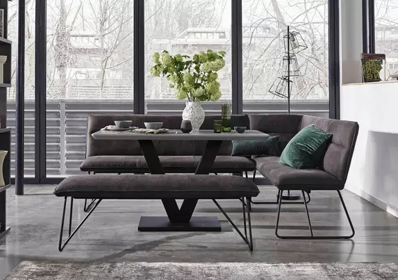 Ruben Dining Table with a Faux Suede Right Hand Facing Corner Dining Bench and Standard Dining Bench Furniture Village